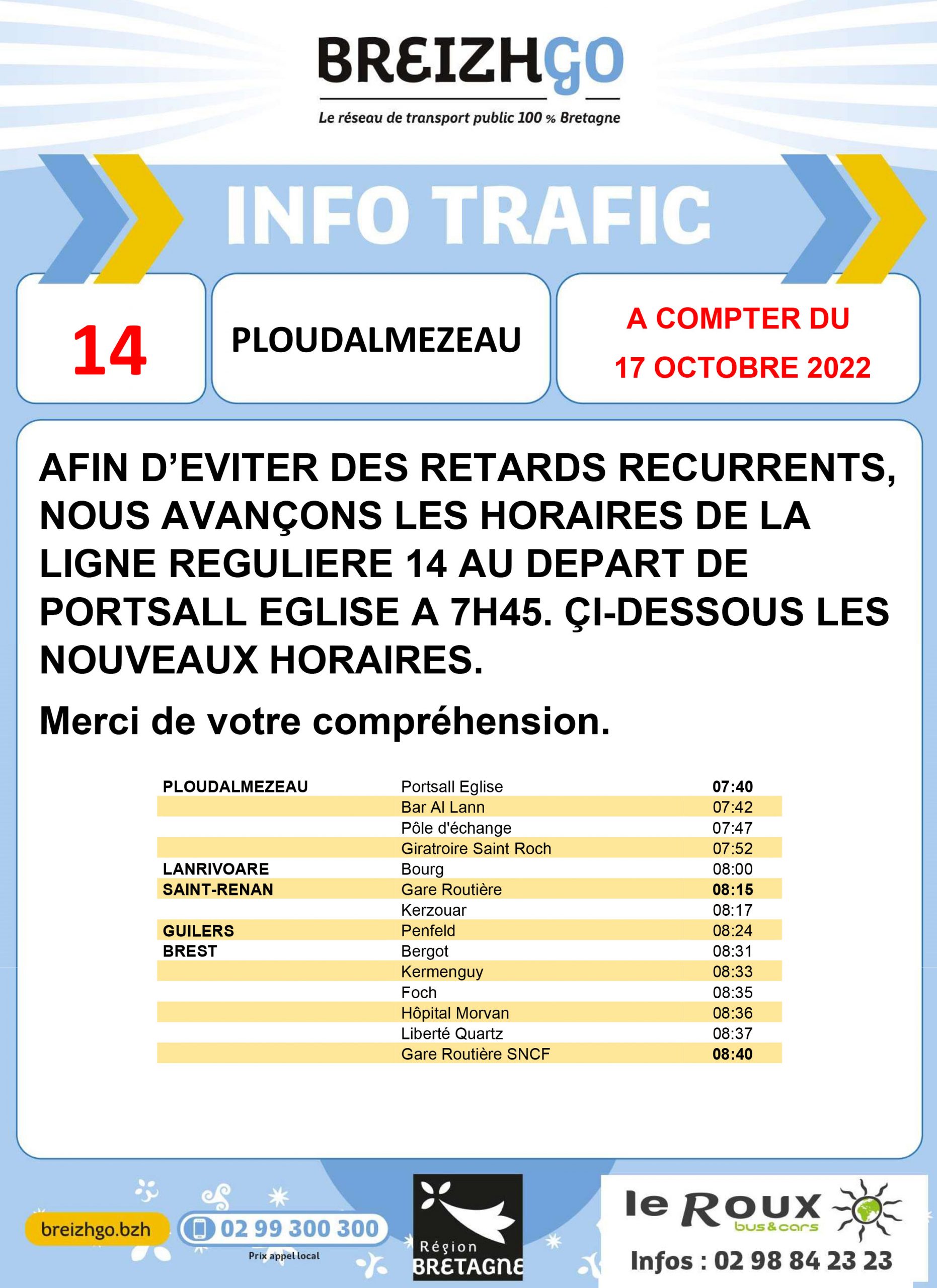 Breizhgo ligne 14 : modifications horaires - Le Roux bus & cars